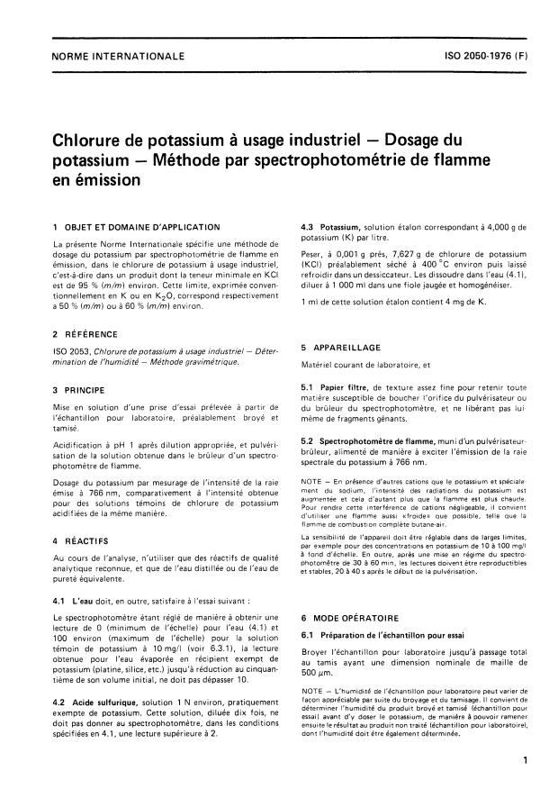 ISO 2050:1976 - Potassium chloride for industrial use — Determination of potassium content — Flame