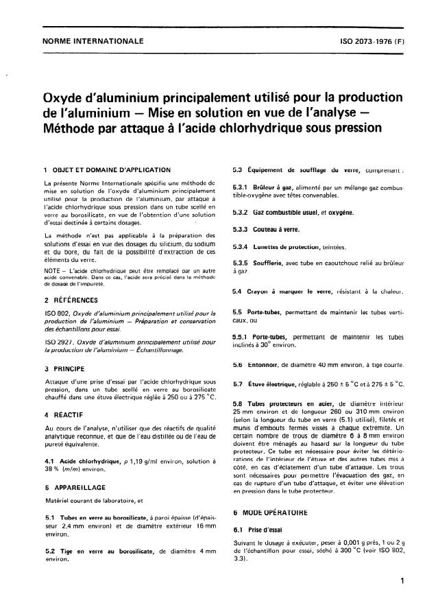 ISO 2073:1976 - Aluminium oxide primarily used for the production of aluminium — Preparation of