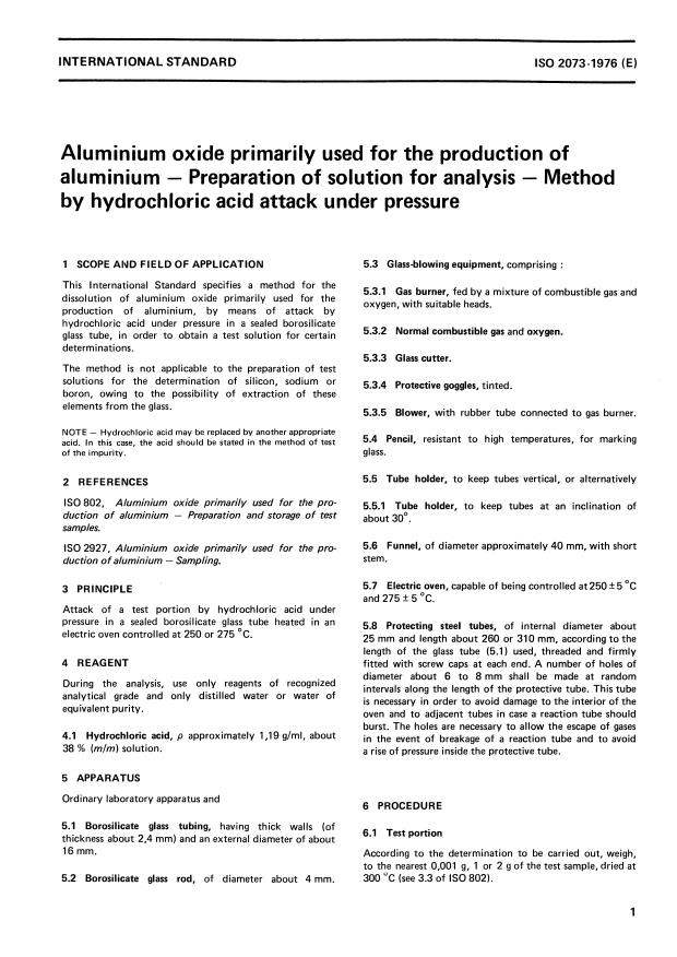 ISO 2073:1976 - Aluminium oxide primarily used for the production of aluminium — Preparation of