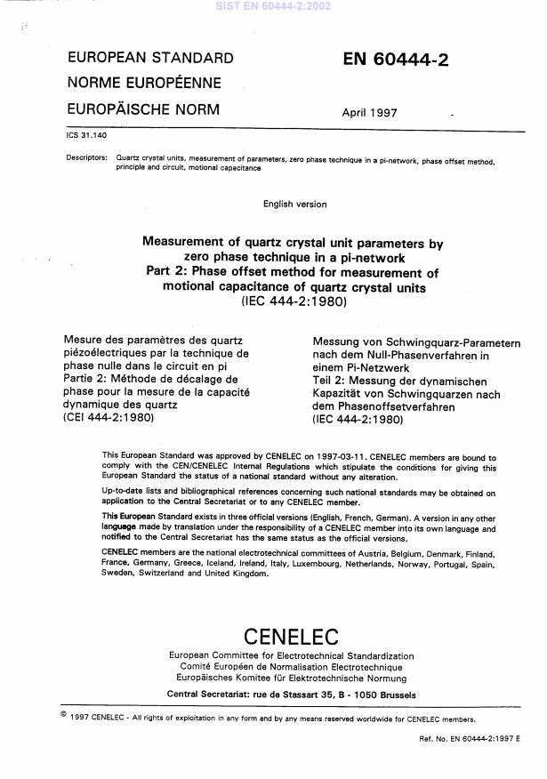 EN 60444-2:1997 - Measurement of quartz crystal unit parameters by zero ...