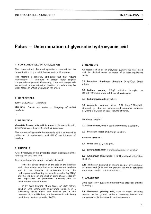 ISO 2164:1975 - Pulses — Determination of glycosidic hydrocyanic acid