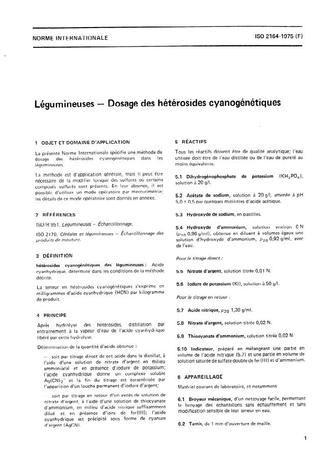 ISO 2164:1975 - Pulses — Determination of glycosidic hydrocyanic acid