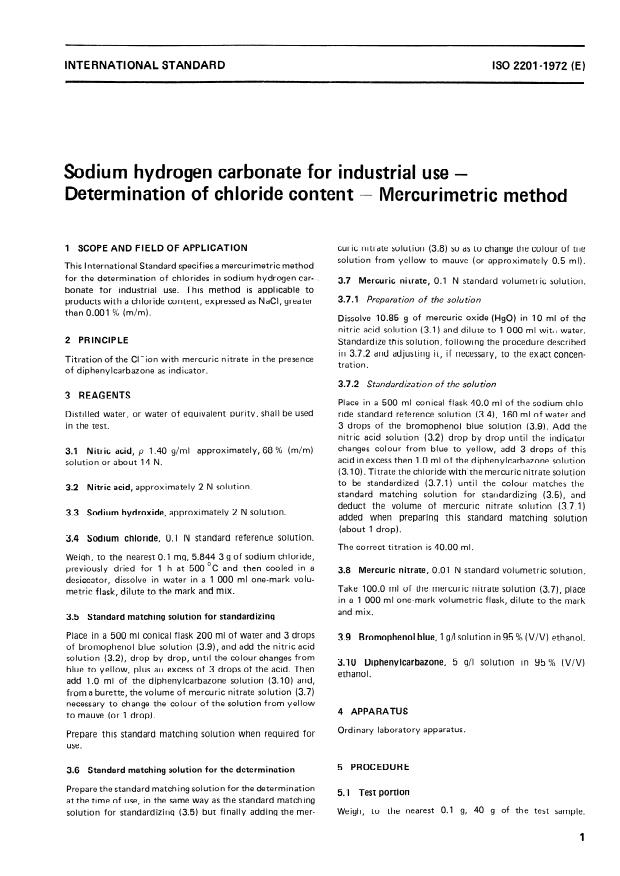ISO 2201:1972 - Sodium hydrogen carbonate for industrial use ...
