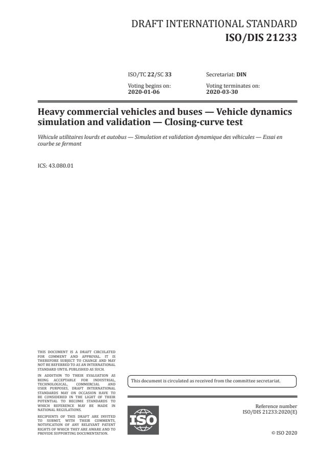 ISO/DIS 21233 - Heavy commercial vehicles and buses -- Vehicle dynamics simulation and validation
