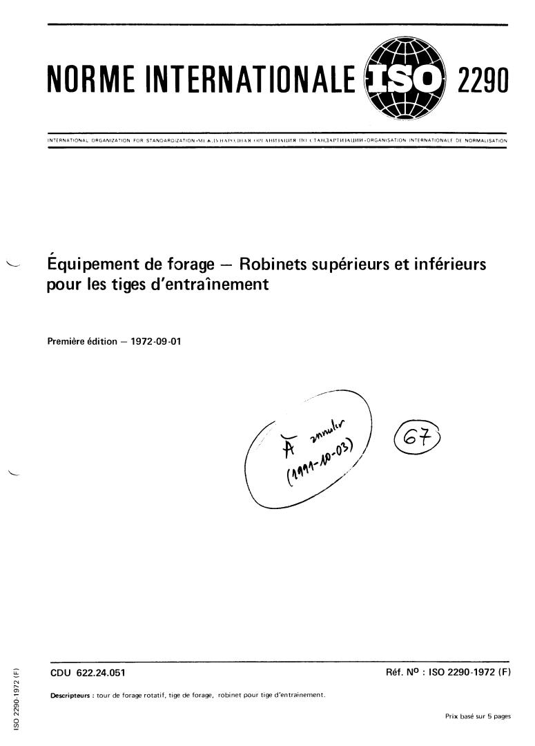 ISO 2290:1972 - Rotary drilling equipment — Upper and lower Kelly cocks