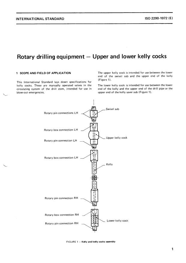 ISO 2290:1972 - Rotary drilling equipment — Upper and lower Kelly cocks