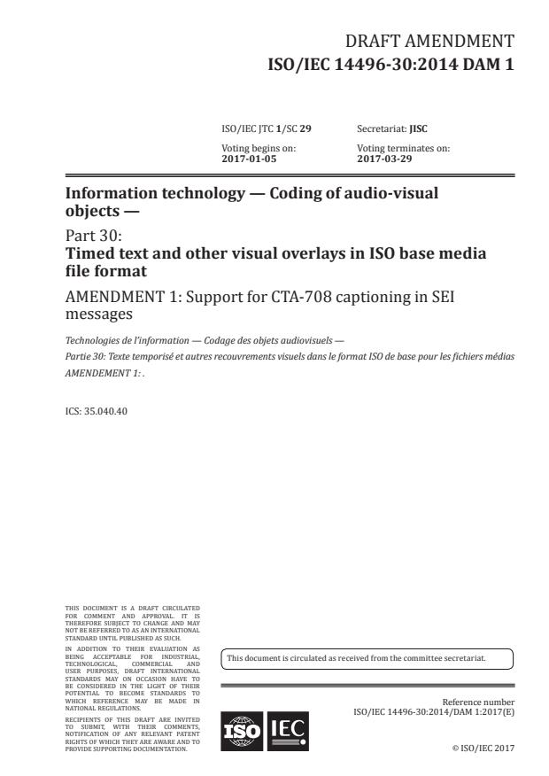 ISO/IEC 14496-30:2014/DAmd 1 - Support for CTA-708 captioning in SEI messages