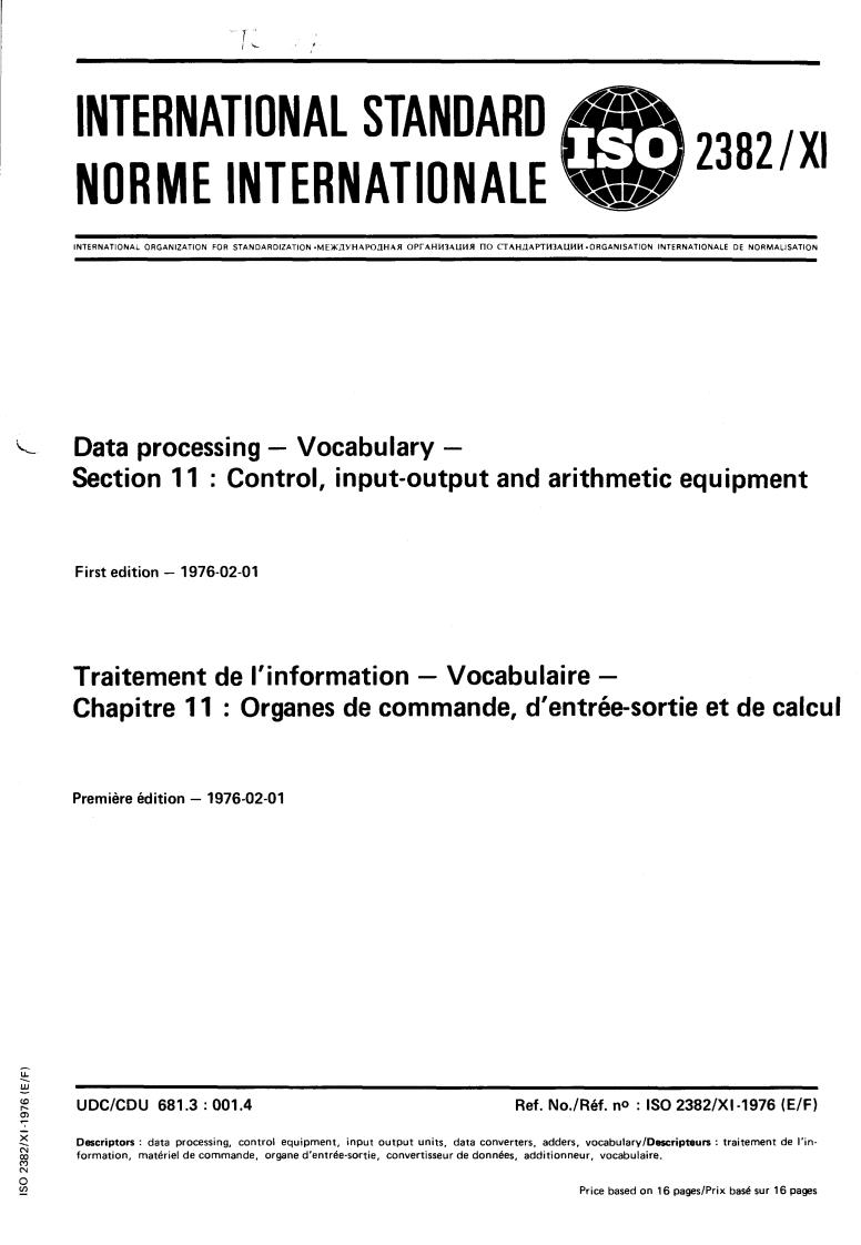 ISO 2382-11:1976 - Data processing — Vocabulary — Section 11 : Control, input-output and arithmetic