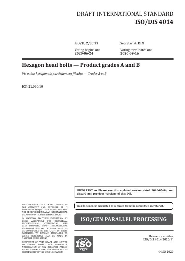 ISO/DIS 4014 - Hexagon head bolts -- Product grades A and B