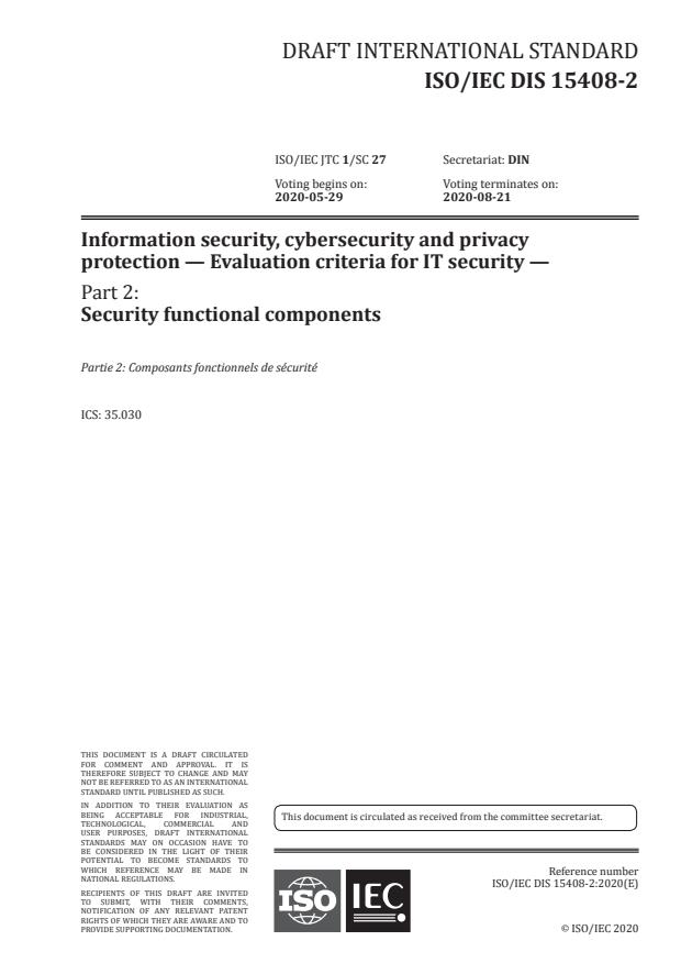 ISO/IEC DIS 15408-2 - Information security, cybersecurity and privacy protection -- Evaluation