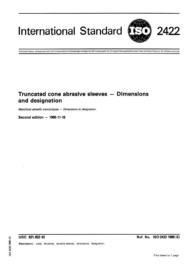 ISO 2422:1986 - Truncated cone abrasive sleeves — Dimensions and ...