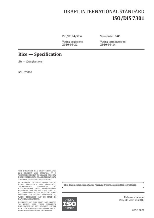 ISO/DIS 7301 - Rice -- Specification