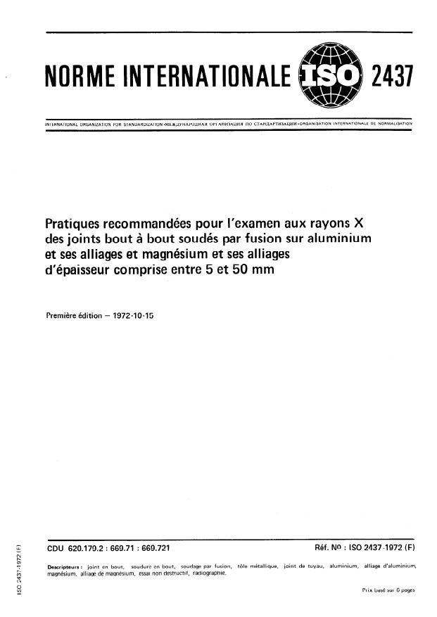 ISO 2437:1972 - Recommended practice for the X-ray inspection of fusion ...