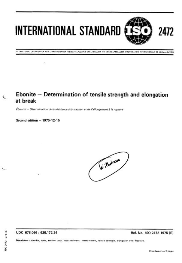 ISO 2472:1975 - Ebonite — Determination of tensile strength and elongation at break