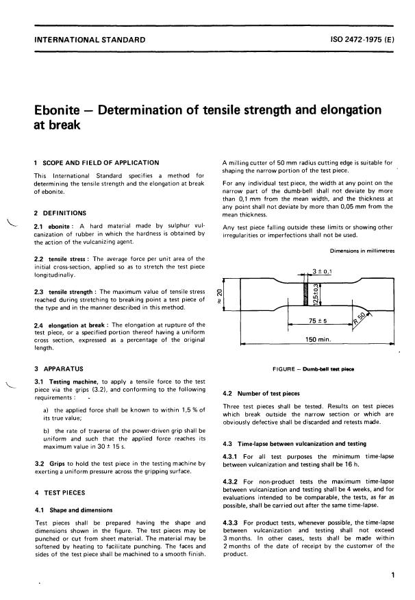 ISO 2472:1975 - Ebonite — Determination of tensile strength and elongation at break