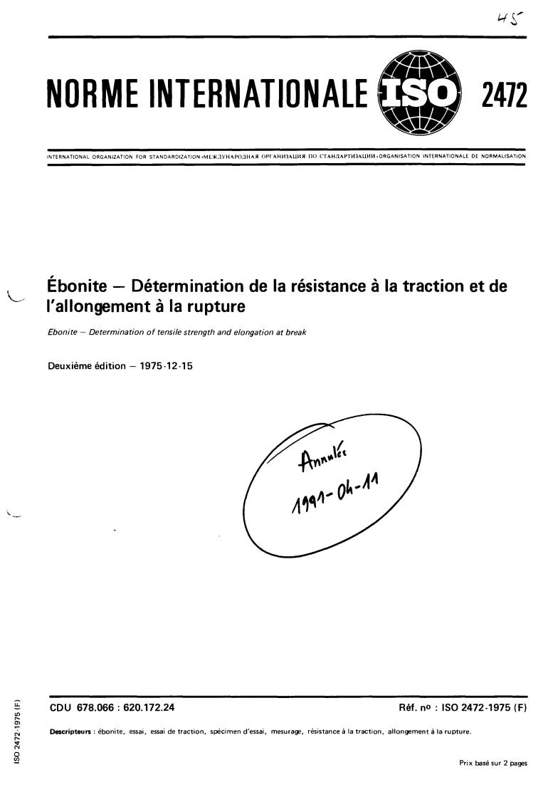 ISO 2472:1975 - Ebonite — Determination of tensile strength and elongation at break