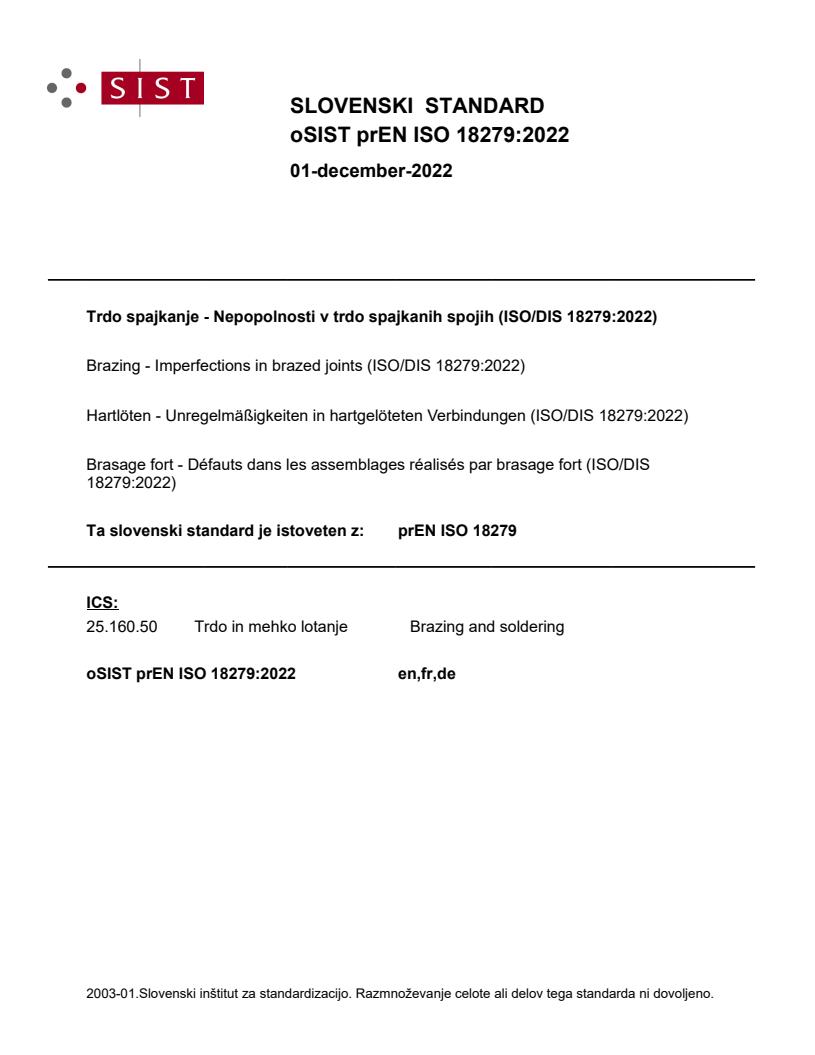 prEN ISO 18279 - Brazing - Imperfections in brazed joints (ISO/DIS 18279:2022)