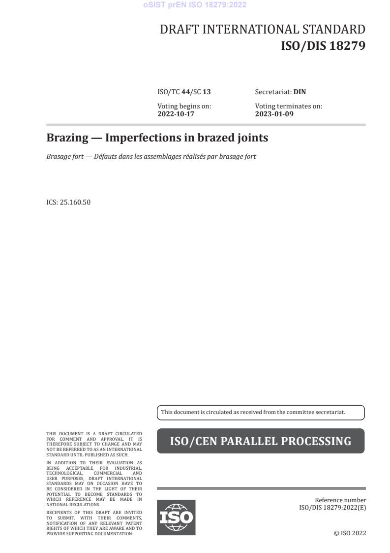 prEN ISO 18279 - Brazing - Imperfections in brazed joints (ISO/DIS 18279:2022)