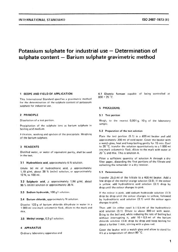 ISO 2487:1973 - Potassium sulphate for industrial use — Determination ...