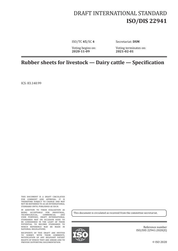 ISO/DIS 22941 - Rubber sheets for livestock -- Dairy cattle ...