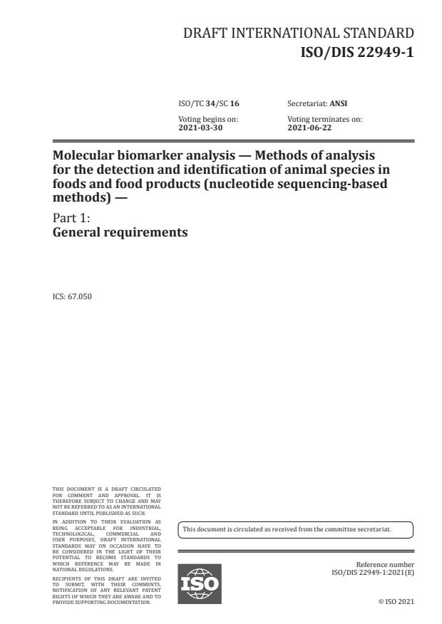 ISO/DIS 22949-1 - Molecular biomarker analysis -- Methods of analysis ...