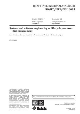 ISO/IEC/IEEE DIS 16085 - Systems and software engineering -- Life cycle processes -- Risk management