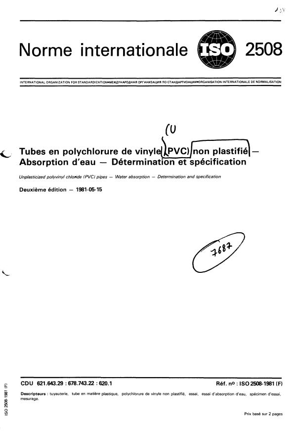 ISO 2508:1981 - Unplasticized polyvinyl chloride (PVC) pipes — Water ...