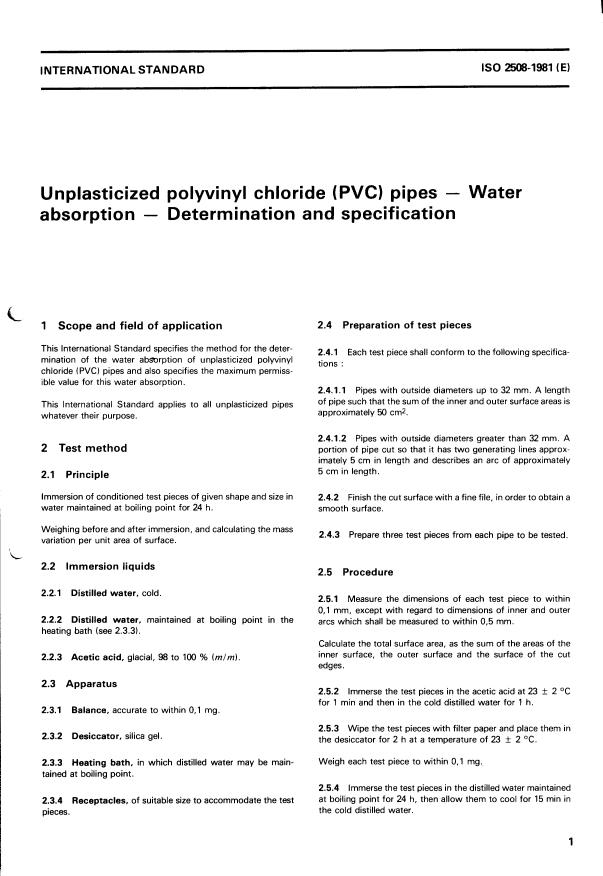ISO 2508:1981 - Unplasticized polyvinyl chloride (PVC) pipes — Water absorption — Determination and
