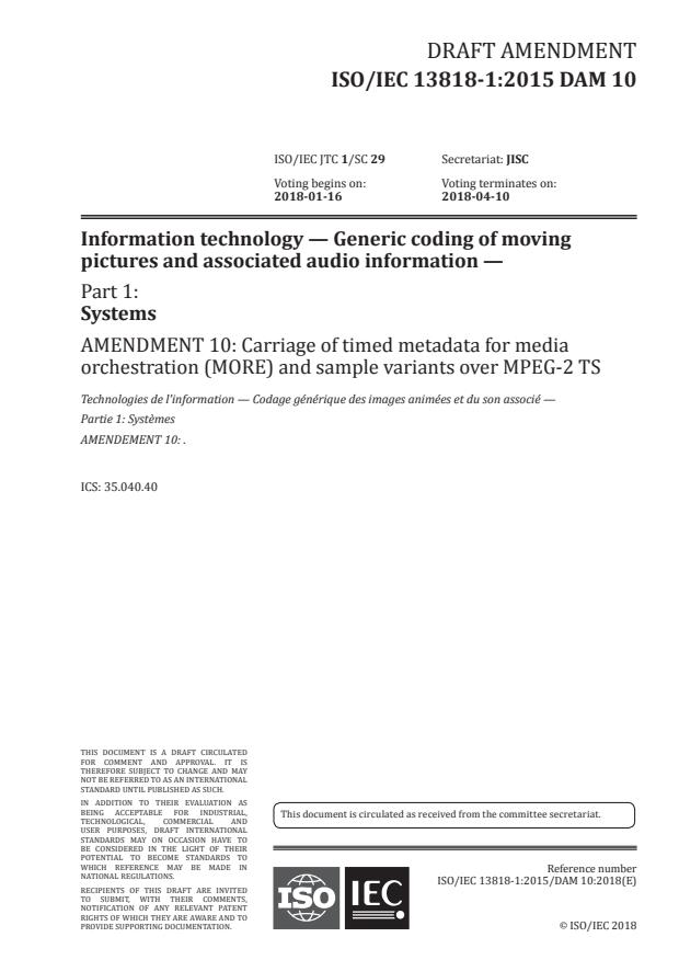 ISO/IEC 13818-1:2015/DAmd 10 - Carriage of timed metadata for media orchestration (MORE) and sample