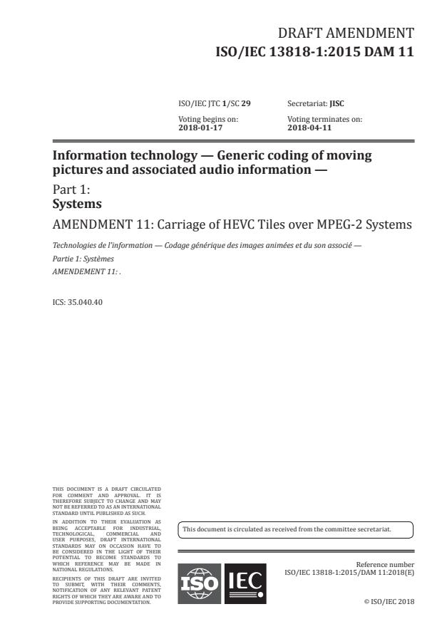ISO/IEC 13818-1:2015/DAmd 11 - Carriage of HEVC Tiles over MPEG-2 Systems