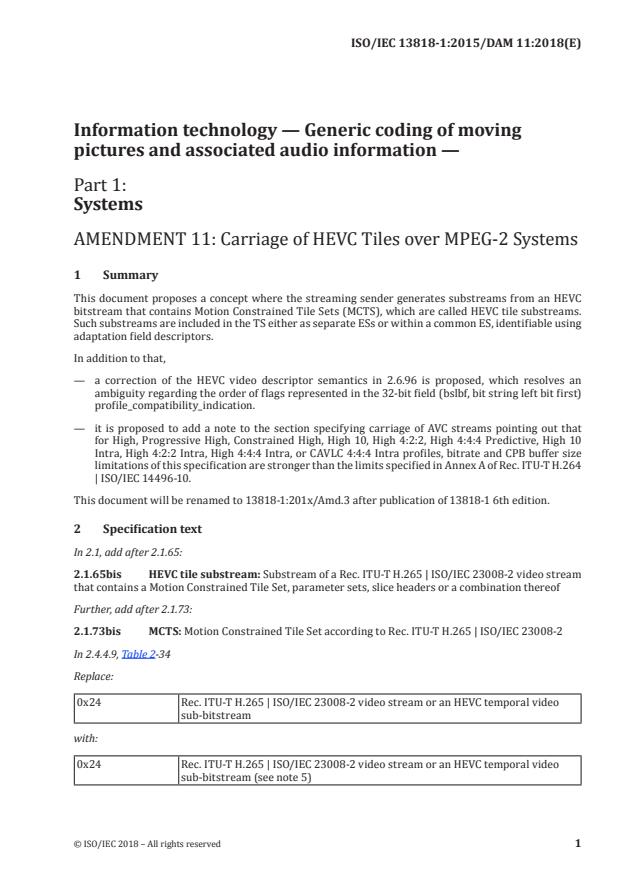 ISO/IEC 13818-1:2015/DAmd 11 - Carriage of HEVC Tiles over MPEG-2 Systems