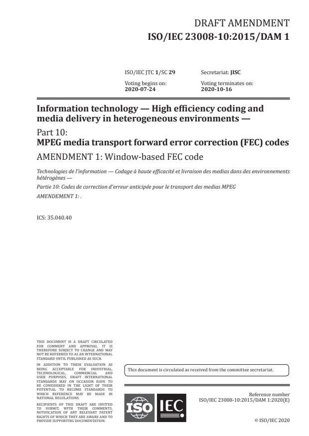 ISO/IEC 23008-10:2015/DAmd 1 - Window-based FEC code