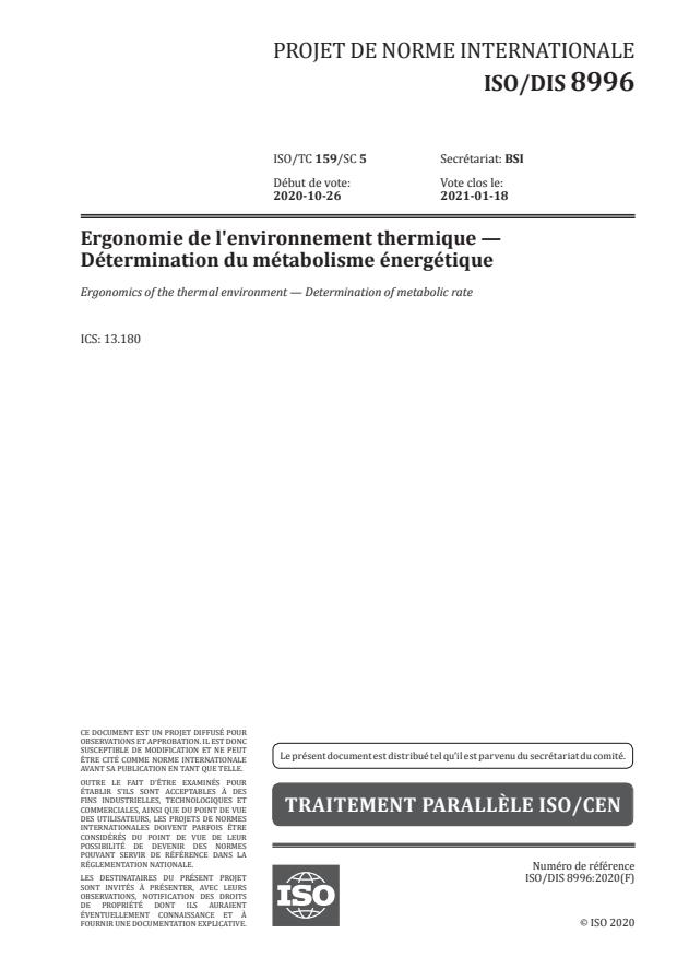ISO/DIS 8996 - Ergonomics of the thermal environment -- Determination ...