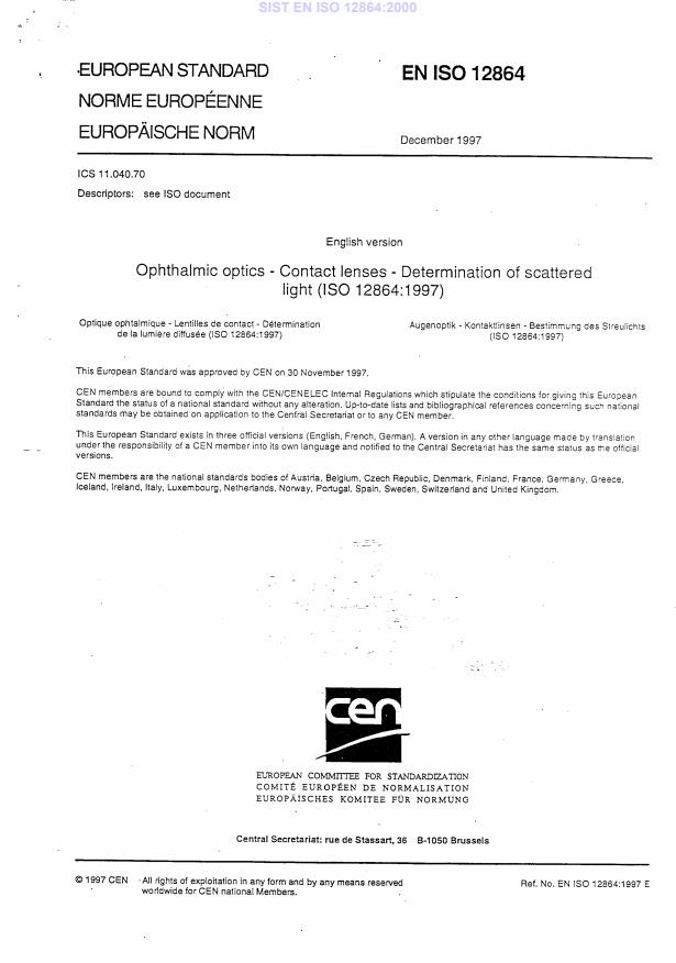 EN ISO 12864:1997 - Ophthalmic optics - Contact lenses - Determination of scattered light (ISO
