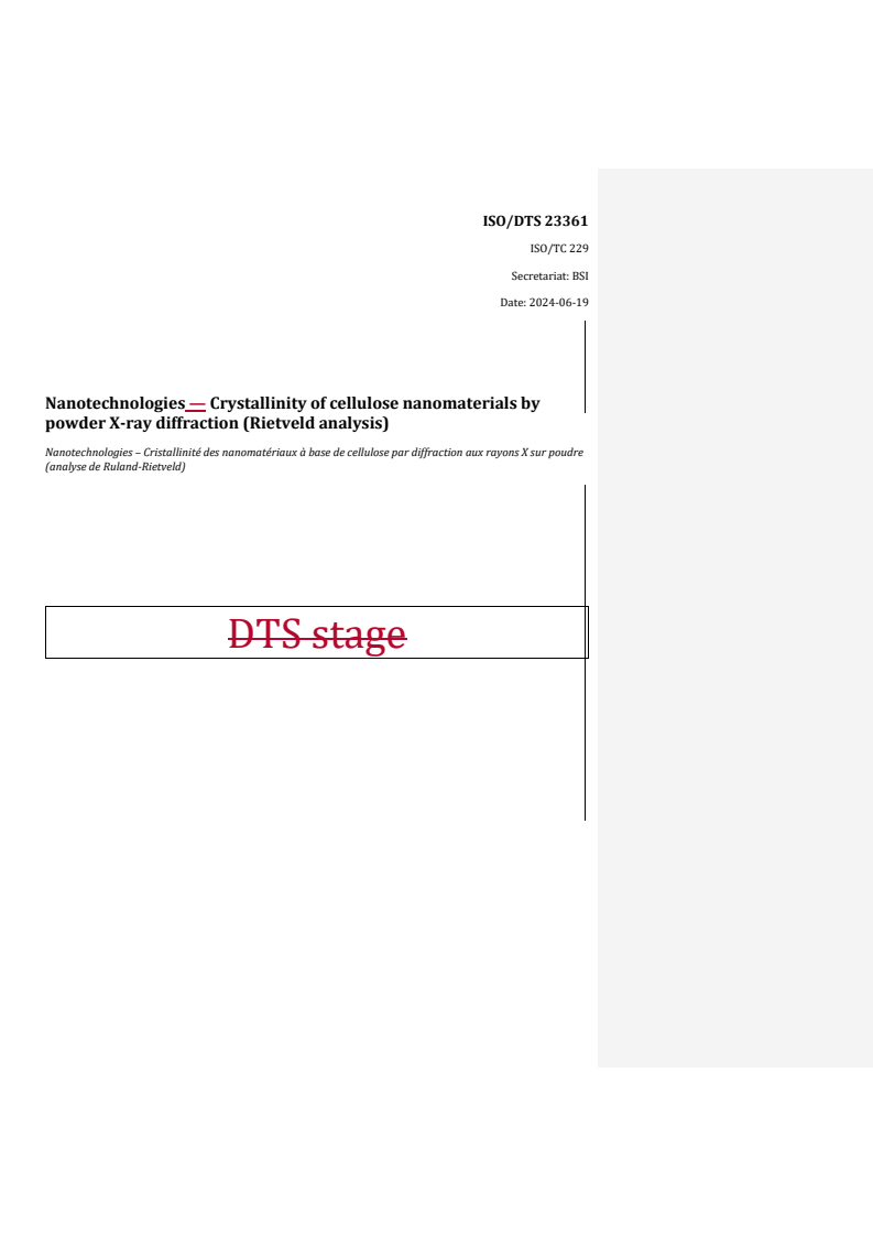 ISO/TS 23361 - Nanotechnologies — Crystallinity of cellulose nanomaterials by powder X-ray