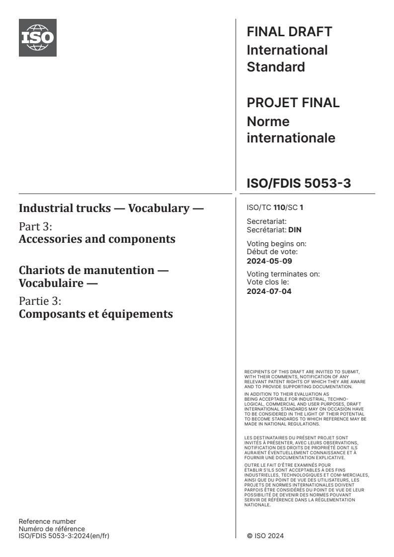 ISO/FDIS 5053-3 - Industrial trucks — Vocabulary — Part 3: Accessories and components