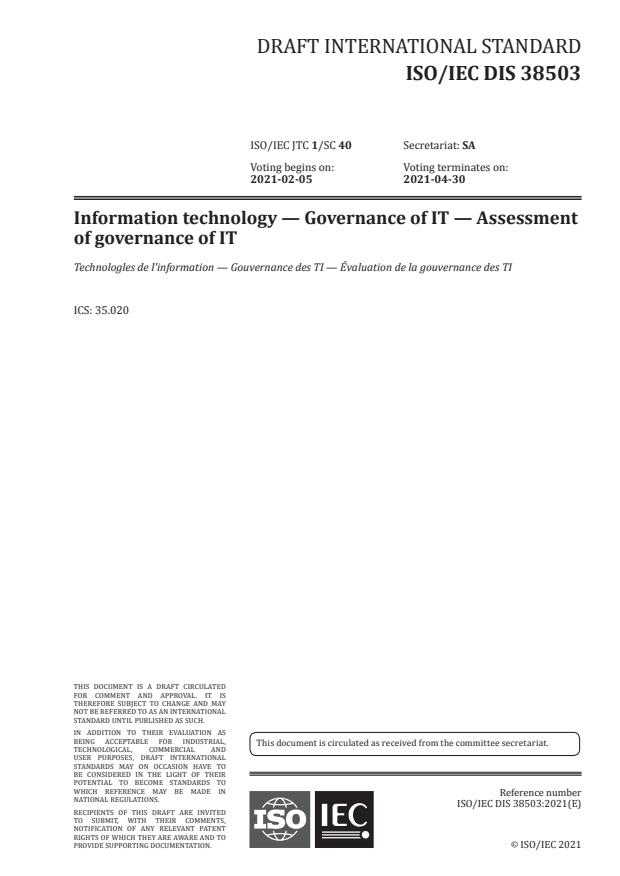ISO/IEC DIS 38503 - Information technology -- Governance of IT -- Assessment of governance of IT