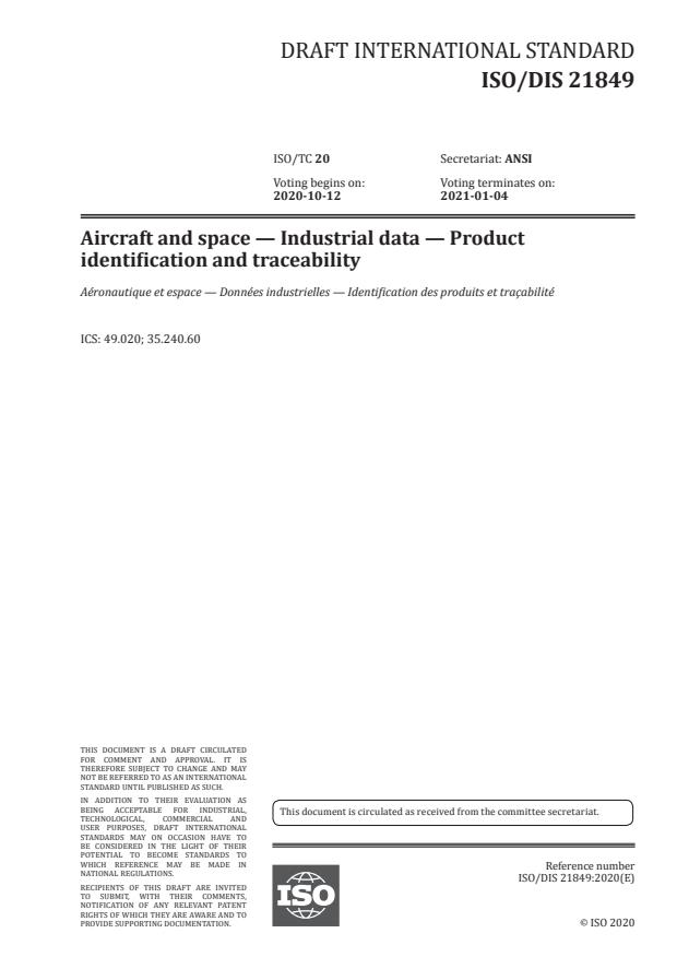 ISO/DIS 21849 - Aircraft and space -- Industrial data -- Product identification and traceability