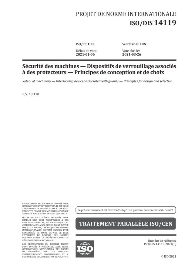 ISO/DIS 14119 - Safety of machinery -- Interlocking devices associated with guards -- Principles for