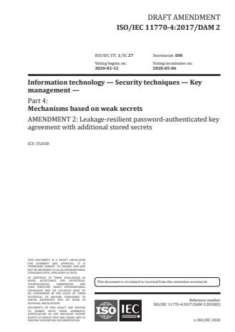 ISO/IEC 11770-4:2017/PRF Amd 2 - Leakage-resilient password-authenticated key agreement with
