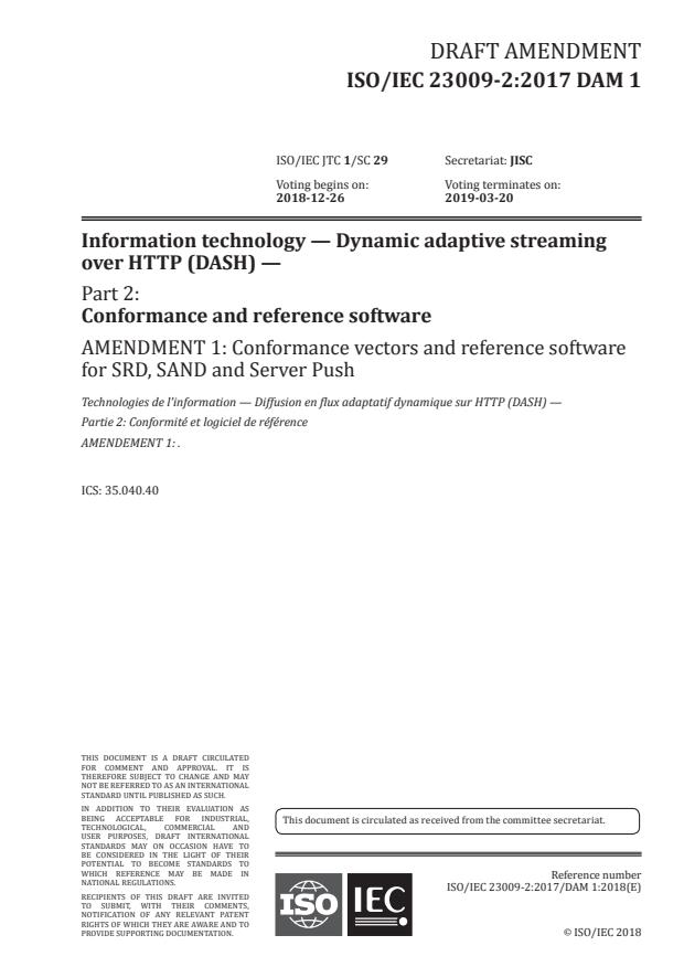 ISO/IEC 23009-2:2017/DAmd 1 - Conformance vectors and reference software for SRD, SAND and Server