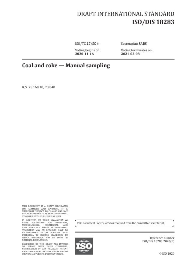 ISO/DIS 18283 - Coal and coke -- Manual sampling