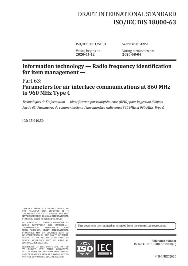 ISO/IEC DIS 18000-63 - Information technology -- Radio frequency identification for item management