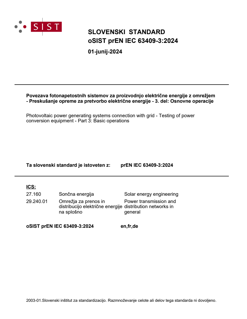 Pren Iec 63409 3 2024 Photovoltaic Power Generating Systems Connection With Grid Testing Of