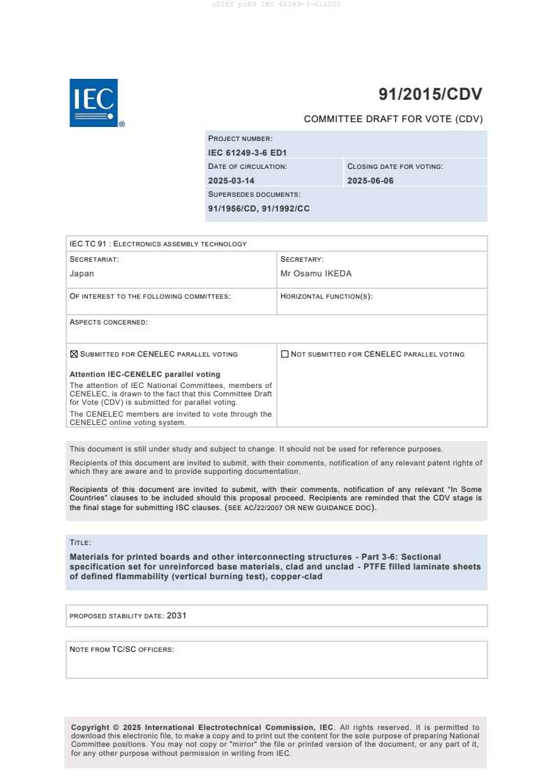 prEN IEC 61249-3-6:2025 - Materials for printed boards and other interconnecting structures - Part