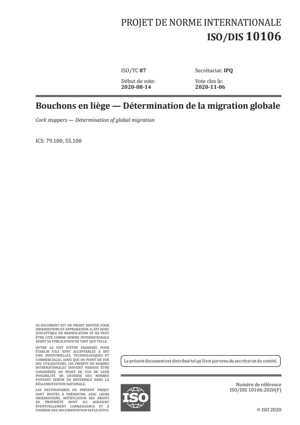ISO/DIS 10106 - Cork stoppers -- Determination of global migration
