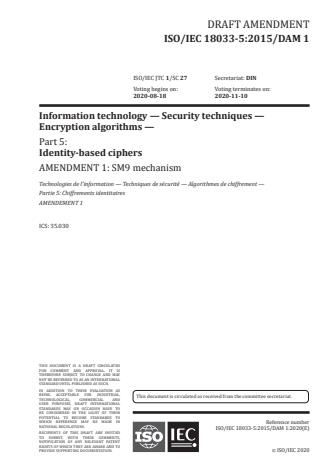 ISO/IEC 18033-5:2015/PRF Amd 1 - SM9 mechanism