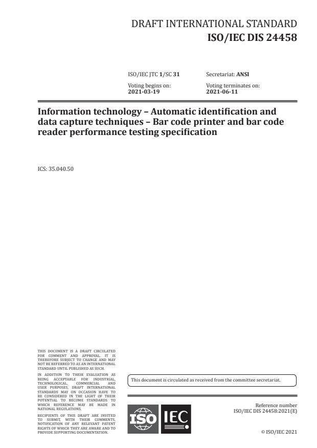 ISO/IEC DIS 24458 - Information technology – Automatic identification and data capture techniques