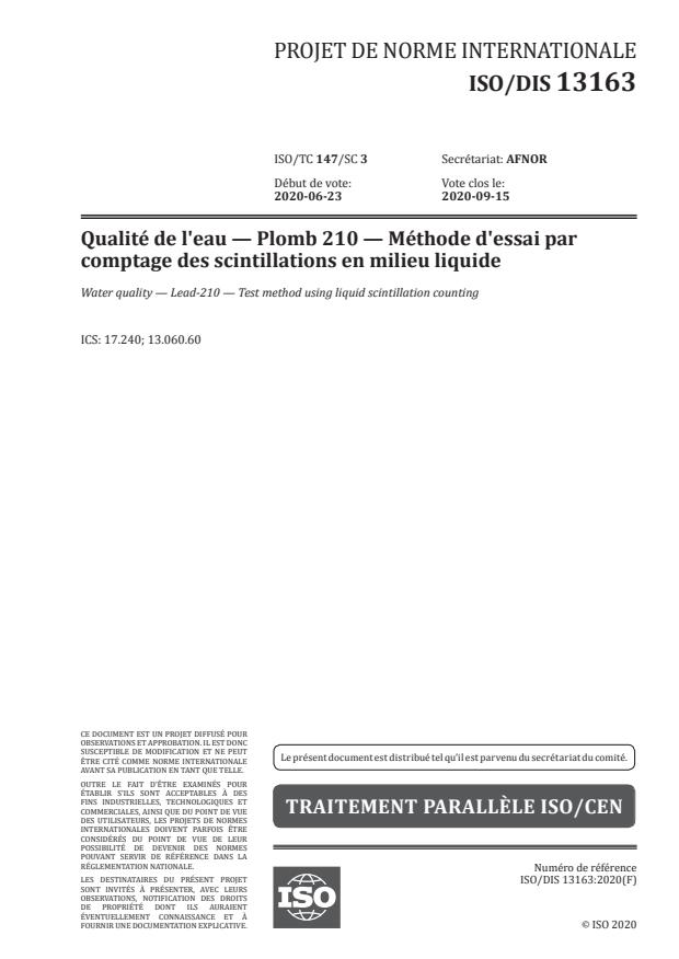 ISO/DIS 13163 - Water quality -- Lead-210 -- Test method using liquid ...