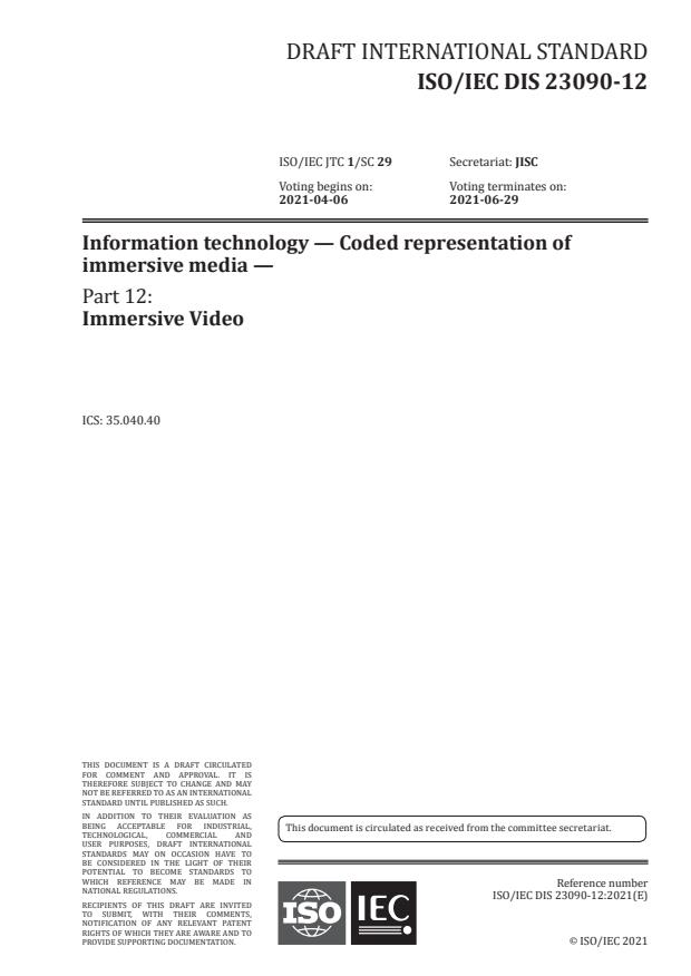 ISO/IEC DIS 23090-12 - Information technology -- Coded representation of immersive media